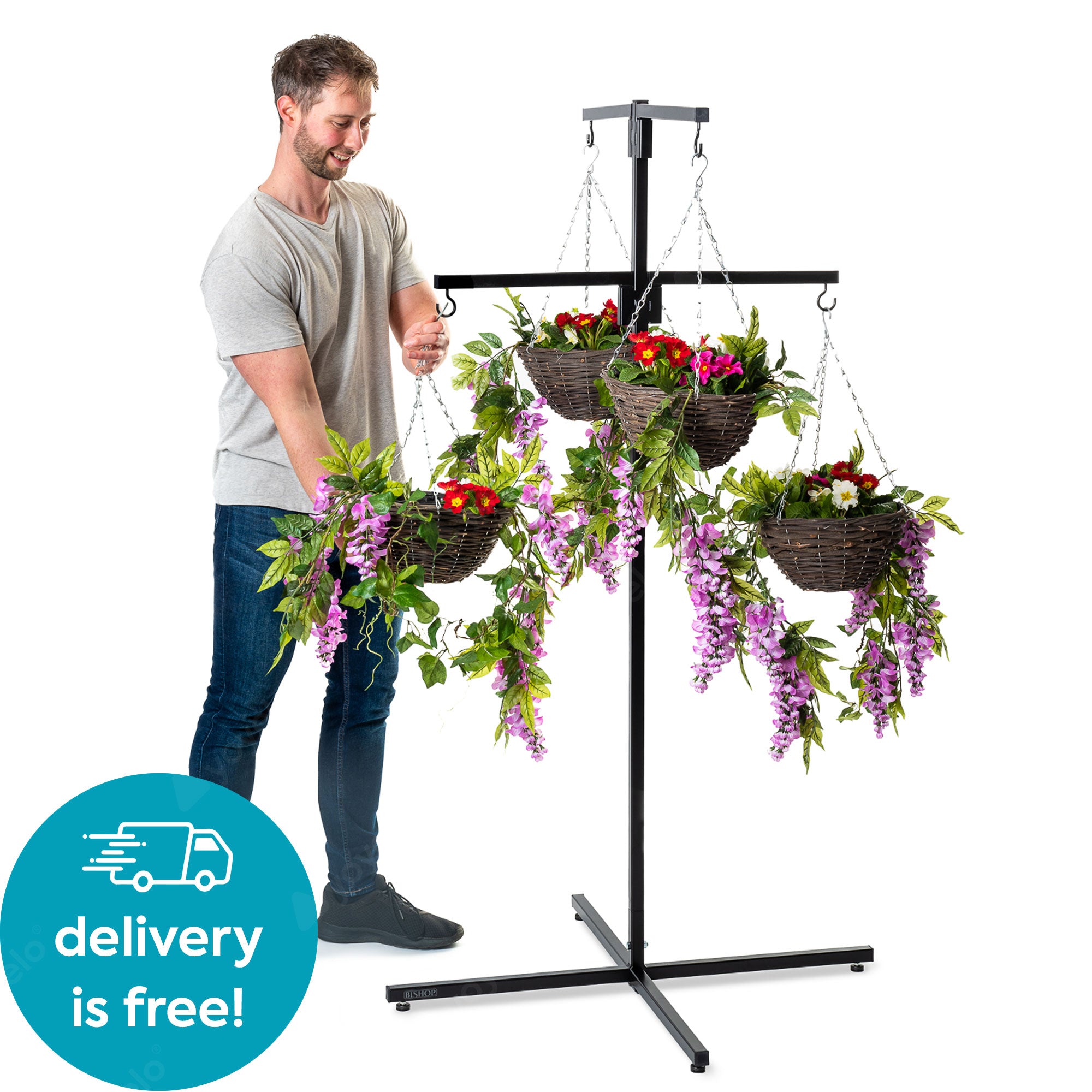 Bishop® Flower Hanging Basket Display Stand 4 Arm Black – yoyelo.co.uk Bishop® Flower Hanging Basket Display Stand 4 Arm Black – yoyelo.co.uk